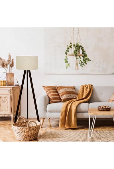 Homing Çöl Beji Kumaş / Koyu Ahşap Üç Ayaklı Lambader