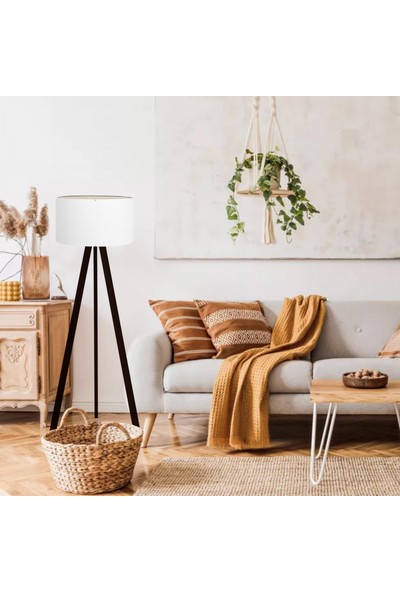 Homing Beyaz Kumaş Koyu Ahşap Üç Ayaklı Lambader