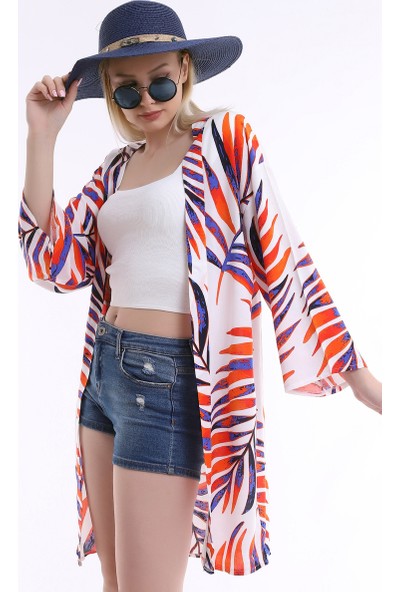 Dnz Kadın Tropikal Desenli Uzun Kimono