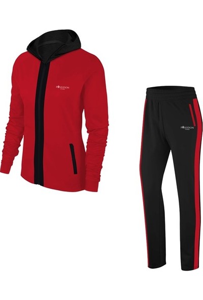 Poseidon Storm Büyük Beden Kırmızı Günlük Sporcu Eşofman Takımı 4xl-8xl - Önü Dik Çizgili ve Kapüşonlu - M9