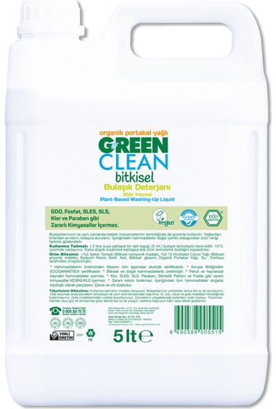 Green Clean Organik Portakal Yağlı Bitkisel Bulaşık Deterjanı 5 Lt Green Clean Organik Portakal Yağlı Bitkisel Bulaşık Deterjanı 5 Lt