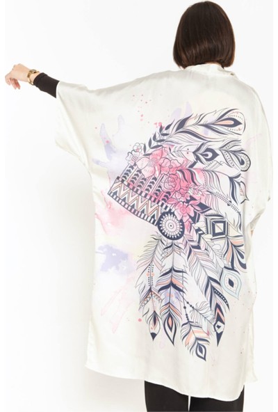 Empty Kadın Taş Rengi Kızıl Derili Başlığı Figürlü Kimono