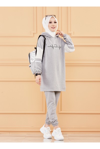 Kapüşonlu Tunik&pantolon Ikili Takım - Gri - Tofisa Kapüşonlu Tunik&pantolon Ikili Takım - Gri - Tofisa