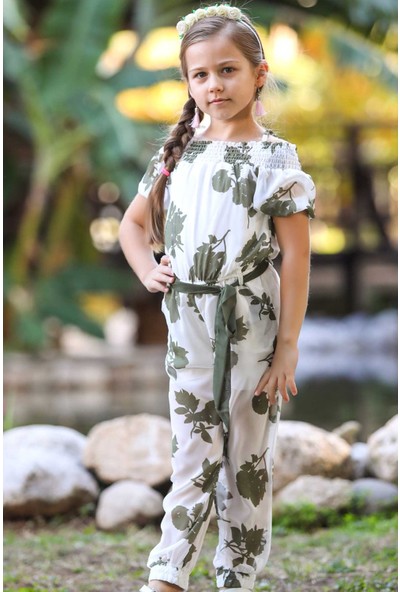 Escabel Kız Çocuk Tulum Çiçek Desenli Beyaz (5-14 Yaş)