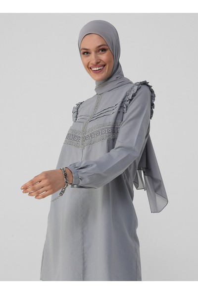 Doğal Kumaşlı Güpürlü Tunik - Gri Mavi - Refka Woman