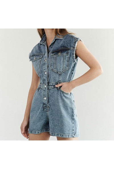 Levure Kadın Mavi Kısa Kot Tulum