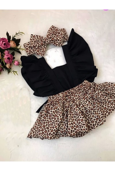 Miray Bebe Bandanalı Leopar Desen Salopet Takım