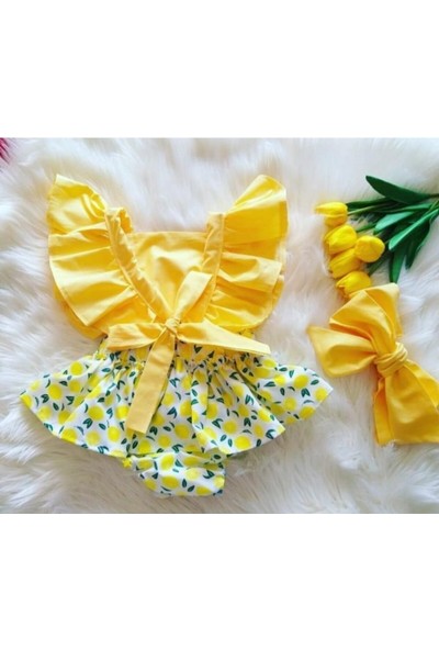 Miray Bebe Bandanalı Limon Desen Salopet Takım