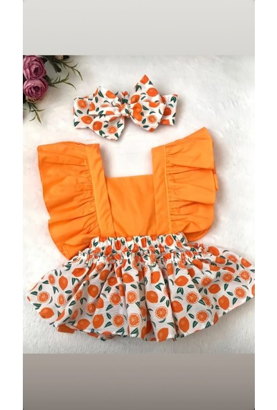 Miray Bebe Bandanalı Portakal Desen Salopet Takım