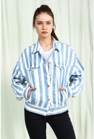 Collezione Mavi Bomber Çizgili Kadın Kot Ceket
