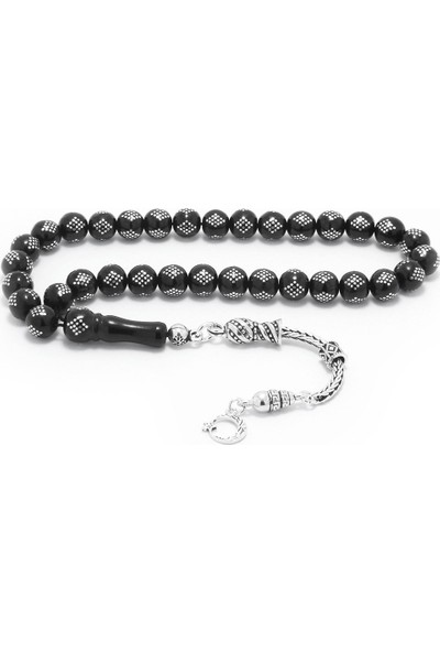 Online Hediye Sepeti 925 Ayar Gümüş Püsküllü Gümüş Baklava Deseni Işlemeli Rus Oltu Tesbih