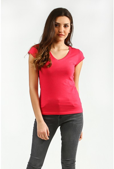 Collezione Fuşya V Yakalı Kısa Kollu Basic Kadın T-Shirt Collezione Fuşya V Yakalı Kısa Kollu Basic Kadın T-Shirt