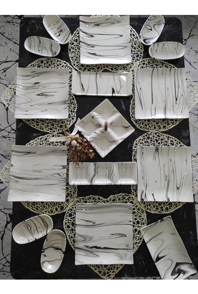 Klas Ticaret Mermer Desen 6 Kişilik 16 Parça Kare Kahvaltı Takımı