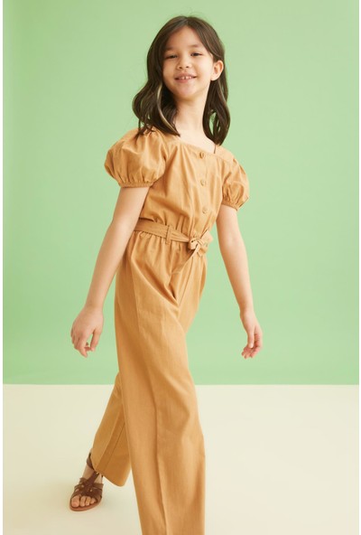 DeFacto Kız Çocuk Keten Görünümlü Kısa Kollu Tulum U4748A621SM