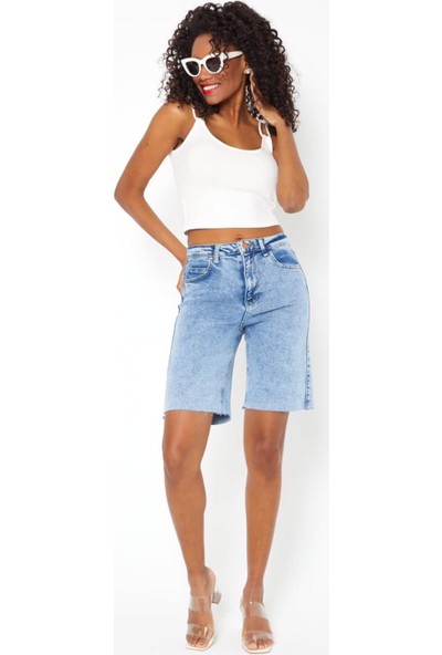 Hesaplı Kafa Hesaplikafa Kadın Mavi Yüksek Bel Kısa Jean Şort