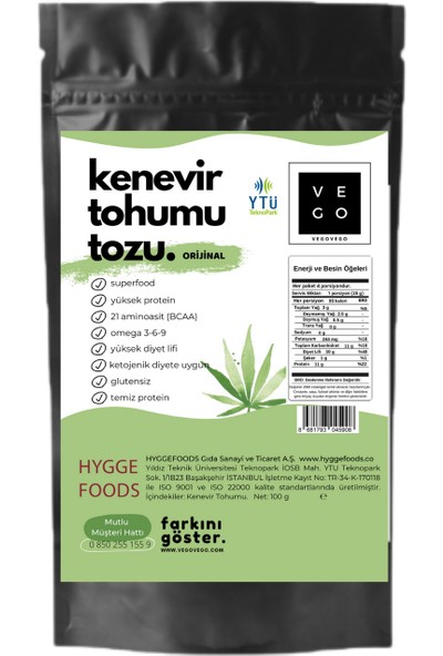 Vegovego Protein Kenevir Tozu 100 gr