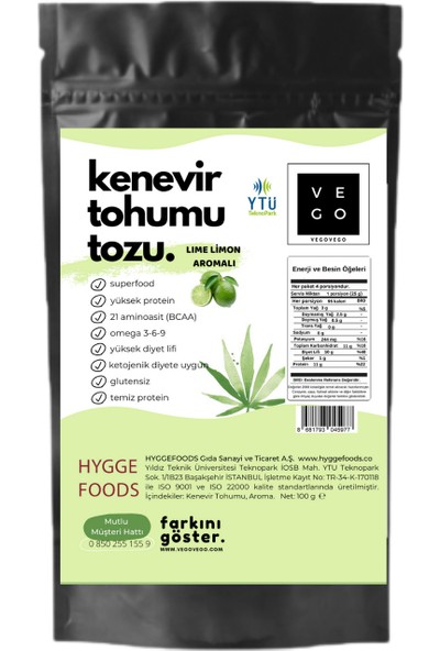 Vegovego Kenevir Kendir Tohumu Tozu - Lime Limon Aromalı 100 g Vegovego Kenevir Kendir Tohumu Tozu - Lime Limon Aromalı 100 g