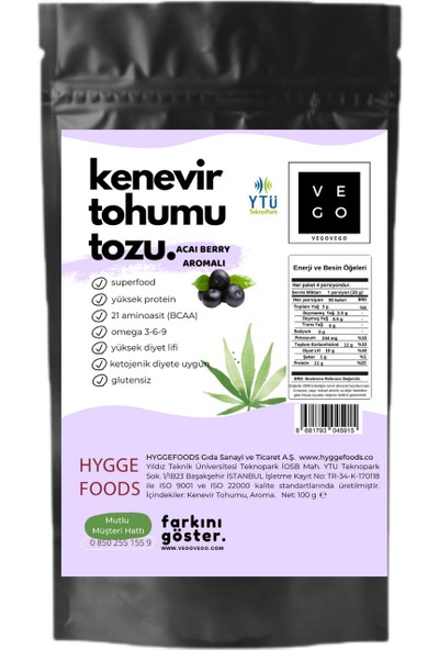 Vegovego Kenevir Kendir Tohumu Tozu - Acai Berry Aromalı 100 g Vegovego Kenevir Kendir Tohumu Tozu - Acai Berry Aromalı 100 g