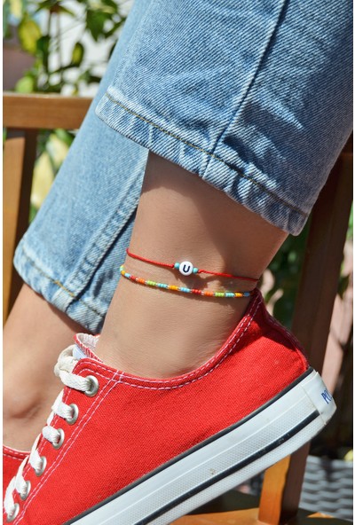 Sacce Scarves&Accessories Renkli Halhal ve Kırmızı İpli U Harf Halhal Sacce Scarves&Accessories Renkli Halhal ve Kırmızı İpli U Harf Halhal