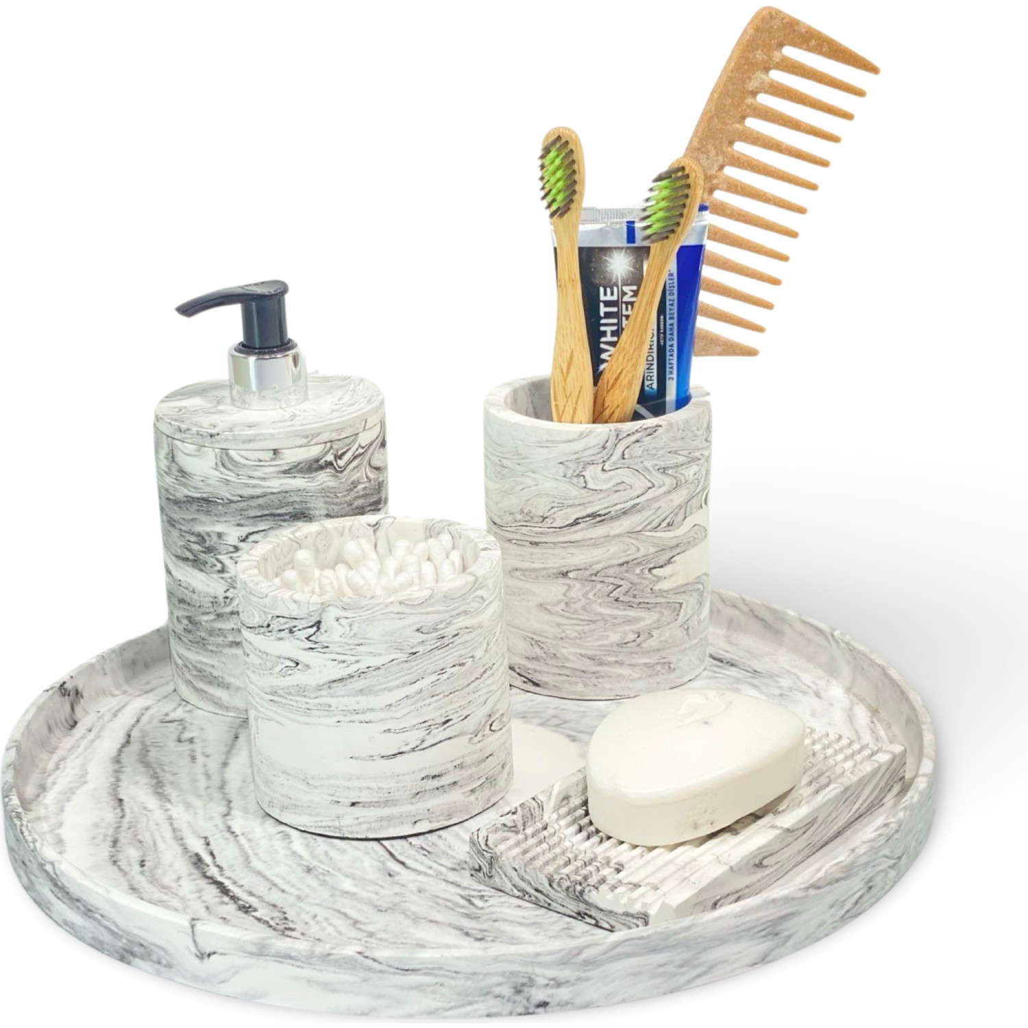 Chiko Mall Mermer Desen 5'li Banyo Aksesuar Takımı - Mumluk Fiyatı
