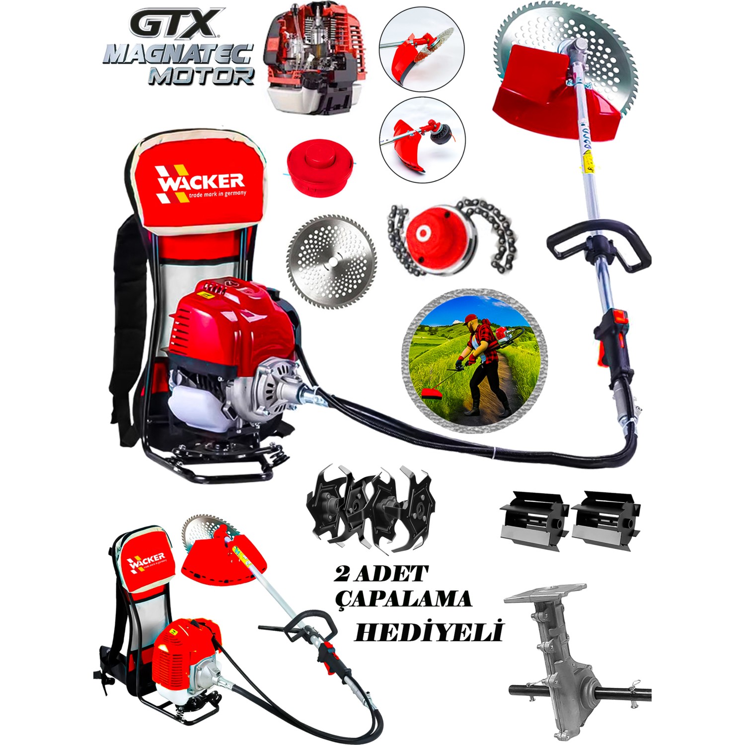 Wacker Germany 3 In 1 Red Worx Series Sırt Tipi Tırpan + Toprak Eşeleme ...