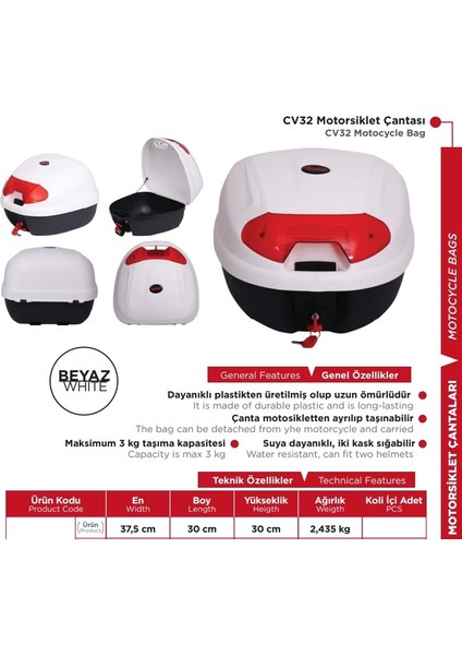 Arwic CV32 Litre Motosiklet Arka Çanta Beyaz Fiyatı