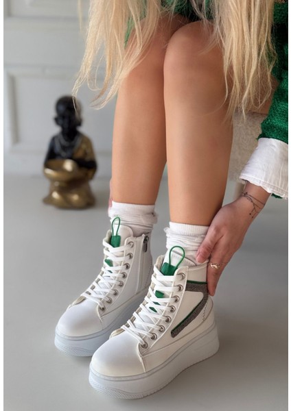 Melia Fashion Joila Beyaz Cilt Yeşil Detaylı Bot Fiyatı