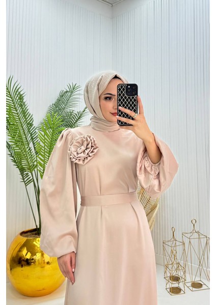 Neşeli Butik Kadın Saten Gül Detaylı Tesettür Elbise NMS038 Fiyatı
