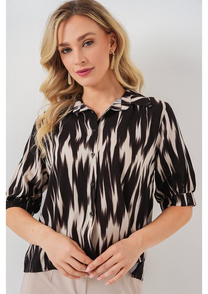 Desenli Kısa Kol Crop Gömlek 20337 - Siyah Fiyatı