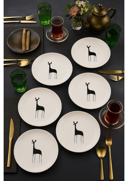 Deery 6 Parça Seramik 21 cm Geyik Desenli Pasta Tabağı Beyaz Fiyatı