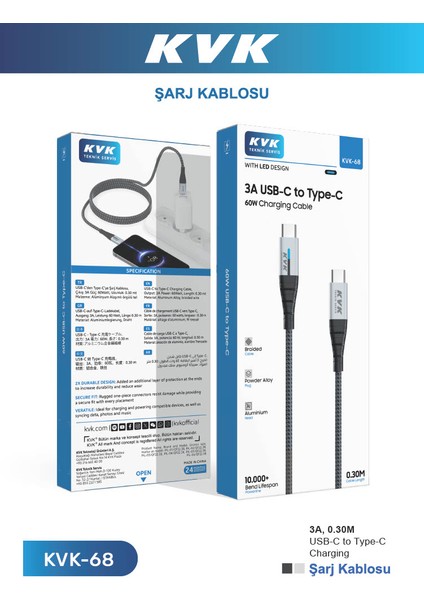 KVK Teknik Servis Kvk 3A Usb-C To Type-C 60W 0.30M Hızlı Fiyatı