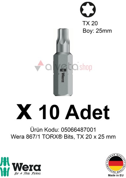 Alveta Wera 867/1 Torx TX20 x 25MM Tornavida Ucu 10 Adet | Fiyatı