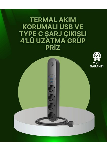 Calperia 4 Priz 2 USB 1 Type-C Akım Korumalı Çoklu Priz LED Fiyatı