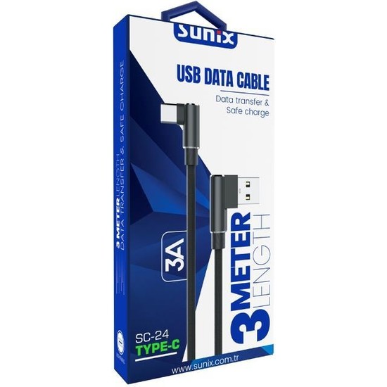 Sunix 3 Amper Type-C Data ve Şarj Kablosu 3 Metre Siyah Fiyatı