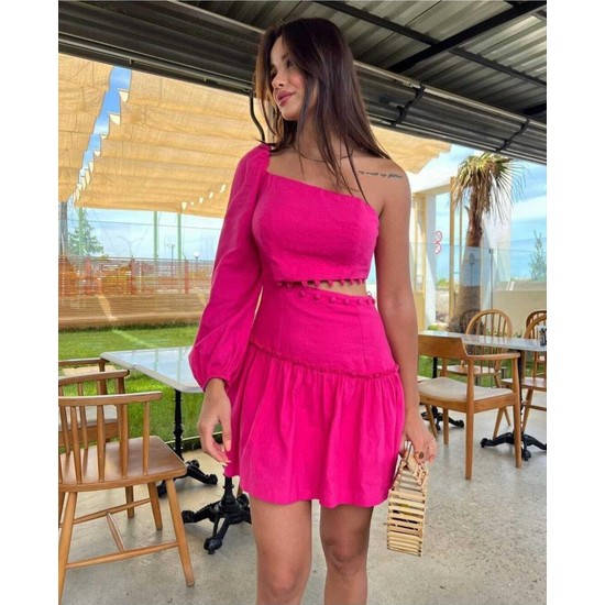 Madame Melek Zr Model Pencere Detaylı Tek Kol Keten Elbise Fiyatı