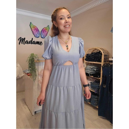 Madame Melek Zr Model Sırt Detaylı Astarlı Buz Mavi Keten Fiyatı