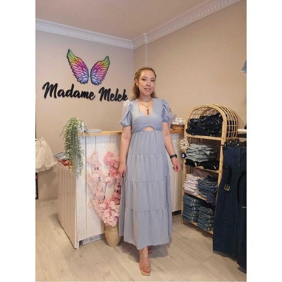 Madame Melek Zr Model Sırt Detaylı Astarlı Buz Mavi Keten Fiyatı