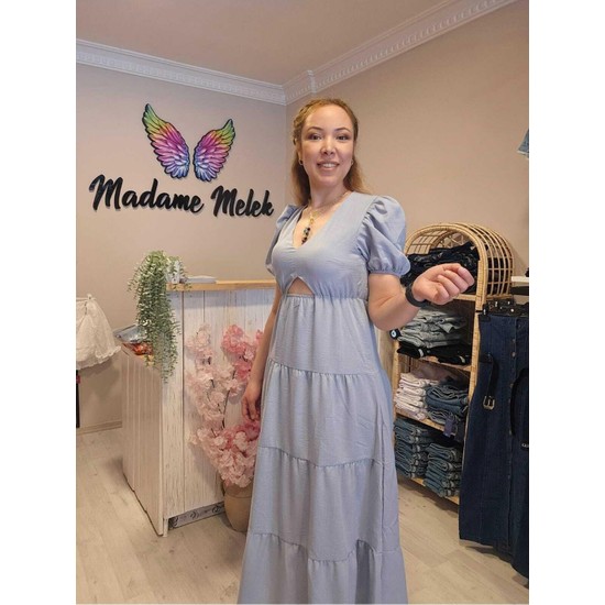 Madame Melek Zr Model Sırt Detaylı Astarlı Buz Mavi Keten Fiyatı