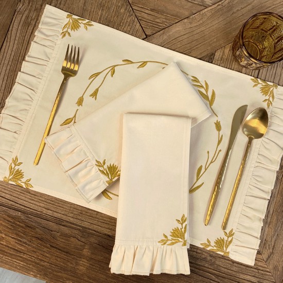 Sertex Home 4 Adet Altın Renk Çiçek Nakışlı Desenli Beyaz Fiyatı