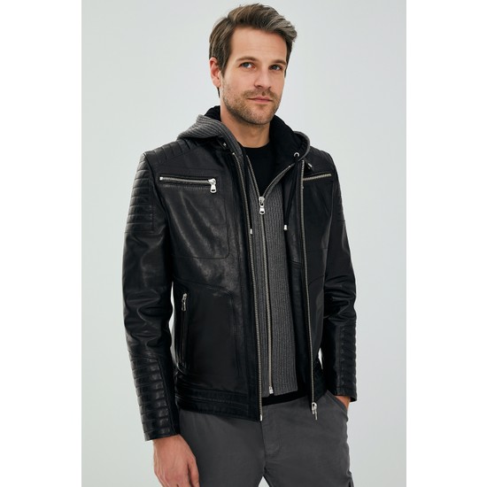 Derimod Danger Siyah Erkek Kapüşonlu Spor Deri Ceket Fiyatı