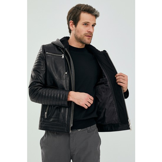 Derimod Danger Siyah Erkek Kapüşonlu Spor Deri Ceket Fiyatı