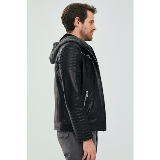 Derimod Danger Siyah Erkek Kapüşonlu Spor Deri Ceket Fiyatı