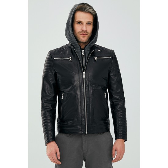 Derimod Danger Siyah Erkek Kapüşonlu Spor Deri Ceket Fiyatı