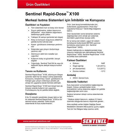 Sentinel Kombi Radyatör Tesisat Kireç Koruma Sentinel X100 Fiyatı