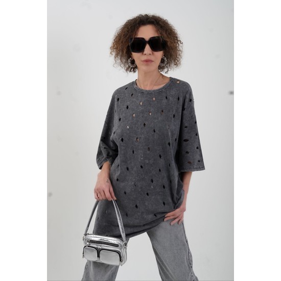 Zelish My Sister Antrasit Delikli Soluk Efektli Oversize Fiyatı