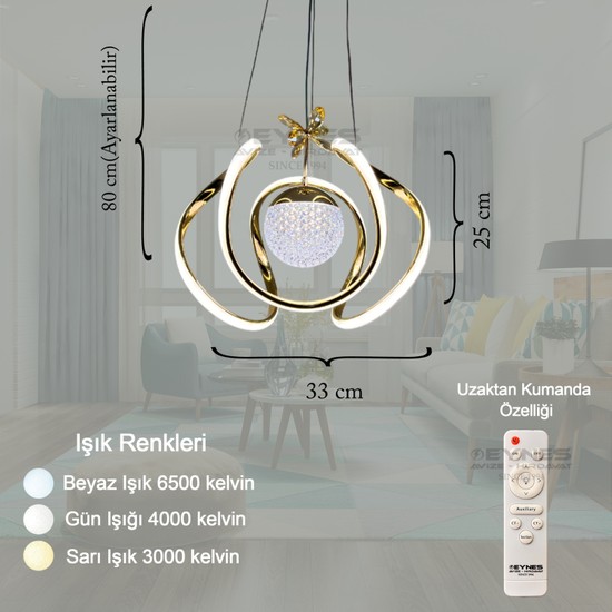 Eynes Avize LED Avize Toplu Kumandalı Gold Renk 3 Renk Işık Fiyatı