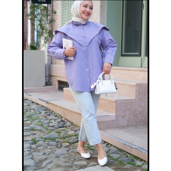 Esmira Omuz V Detay Bel Bağlamalı Gömlek Lila Fiyatı