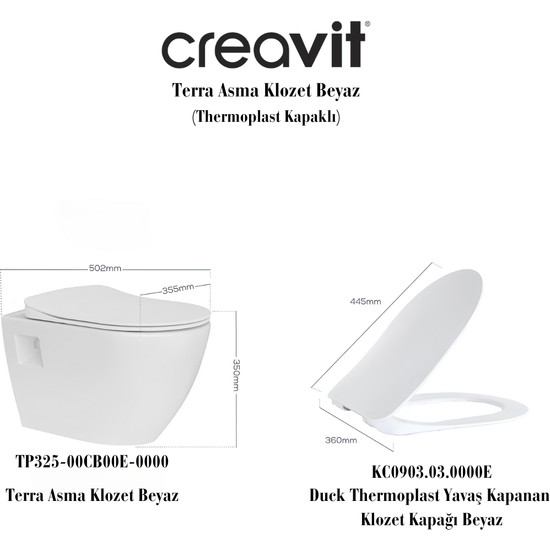 Creavit TP325 Terra Kanallı Asma Klozet, Creavit Duck Yavaş Fiyatı