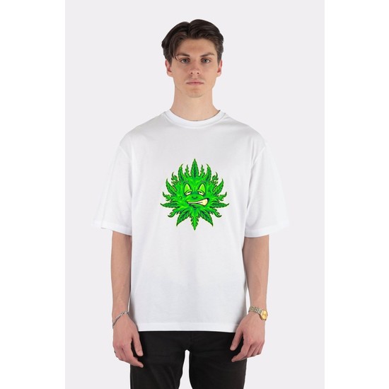 Green Mint Beyaz Oversize T-Shirt Cute Weed Leaf Emoticons Fiyatı