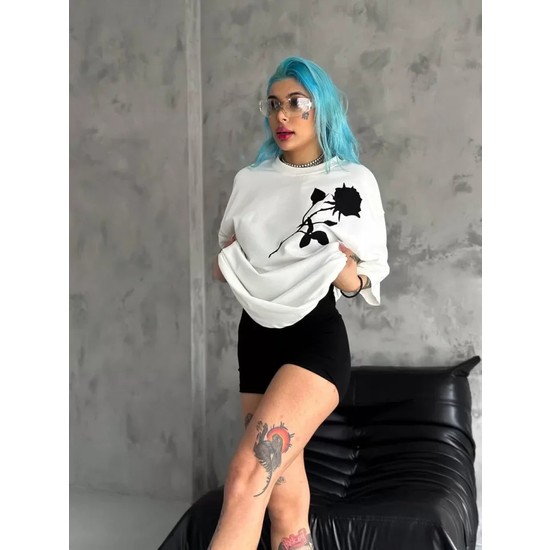 Guzzy Bisiklet Yaka Baskılı Oversize T-Shirt - Beyaz Fiyatı